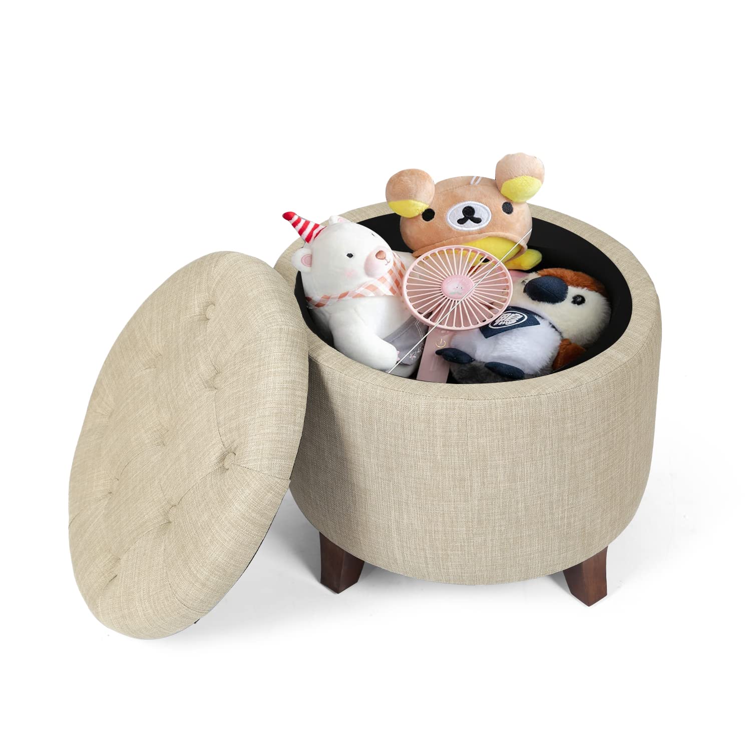 DECO DE VILLE Round Footstool Storage Ottoman, Cushion Button Tufted Linen Fabric Ottoman with Removable Lid, 20", Beige