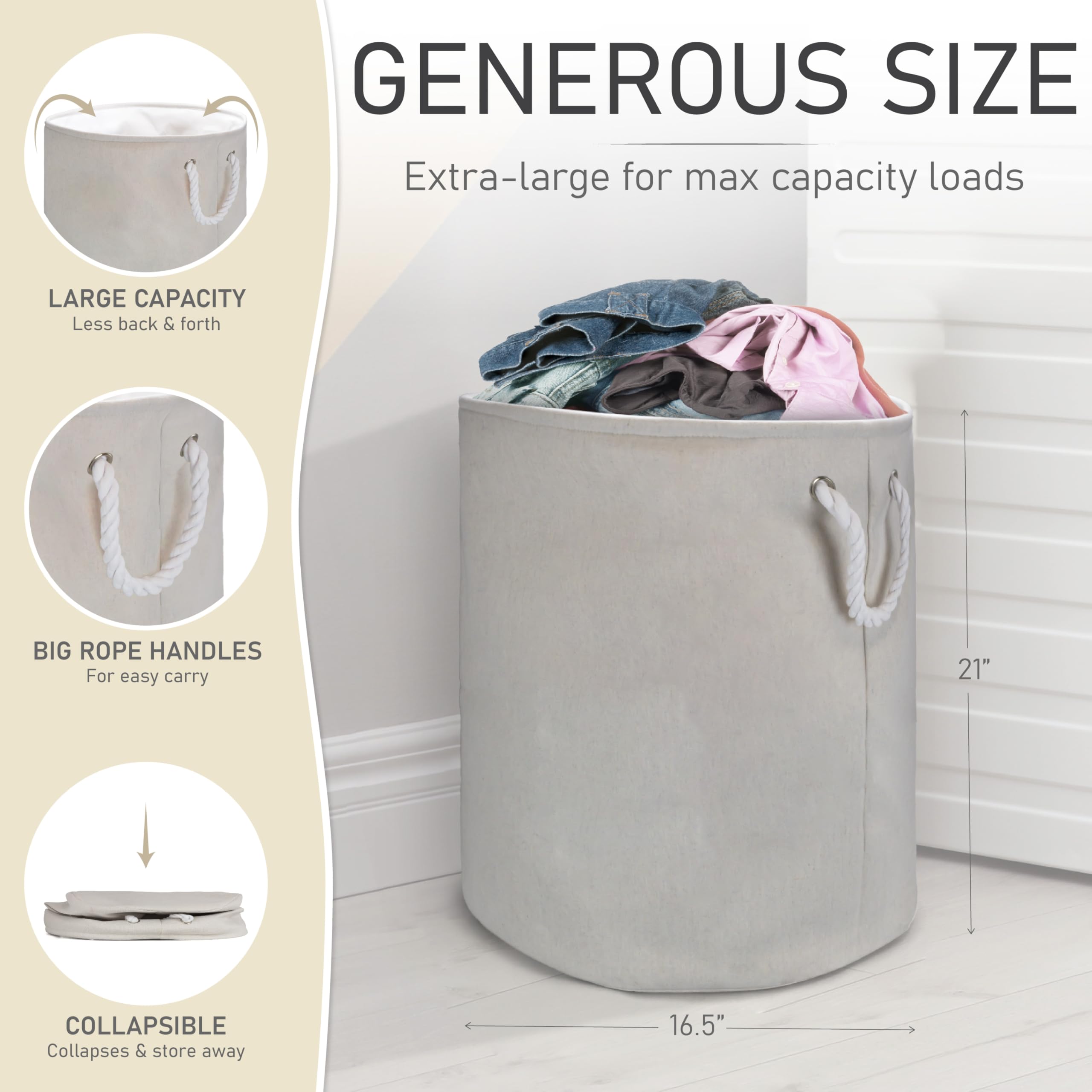 BROOKSTONE, Spacious Laundry Hamper with Cotton Rope Handles, Perfectly Sized for Everyday Use, Durable & Stylish Storage for Bedroom, Bathroom, or Laundry Room