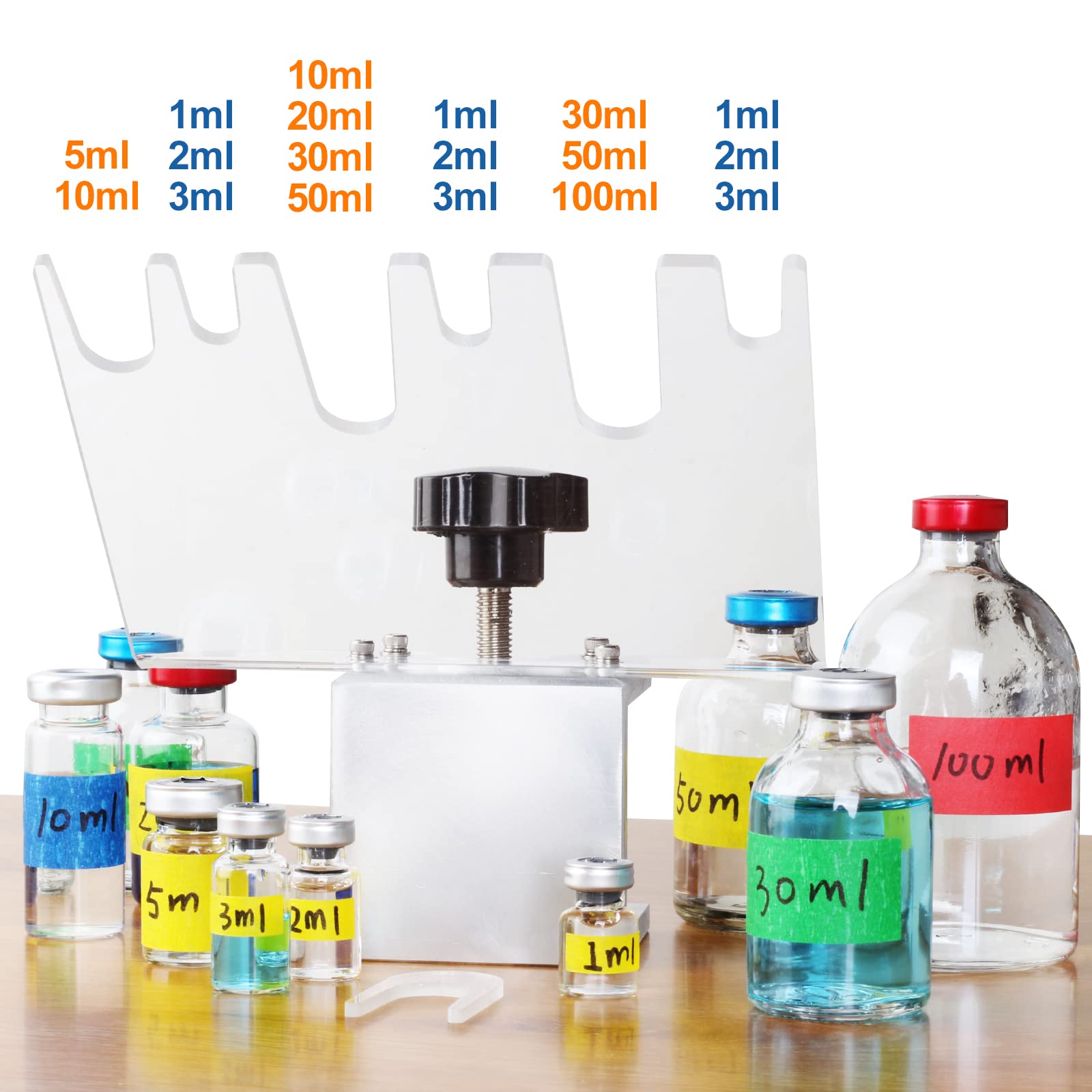 ZHANXUBIO Medicine Vial Holder Transparent Hands Free Medication Vial Stand with 6 Slots, Adjustable Clamp Up to 1.5" thick ,Fits Different Size Bottles