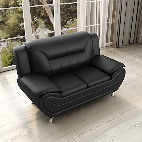 Container Furniture Direct Michael Modern Faux Leather Upholstered Stainless Steel Legs Living Room Loveseat, Black