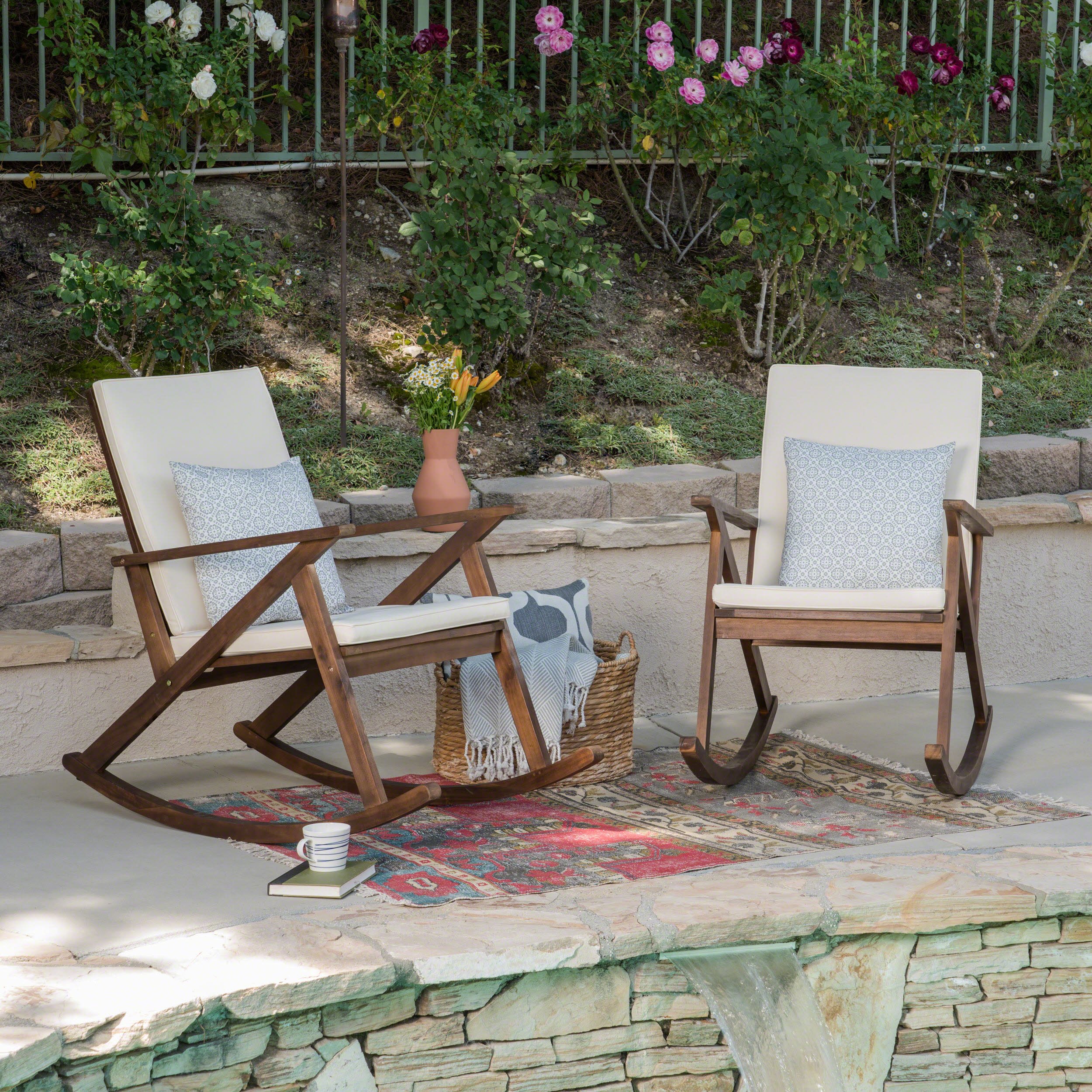 Christopher Knight Home 304347 Louise Outdoor Acacia Wood Rocking Chair (Set of 2), Dark Brown/Cream Cushion