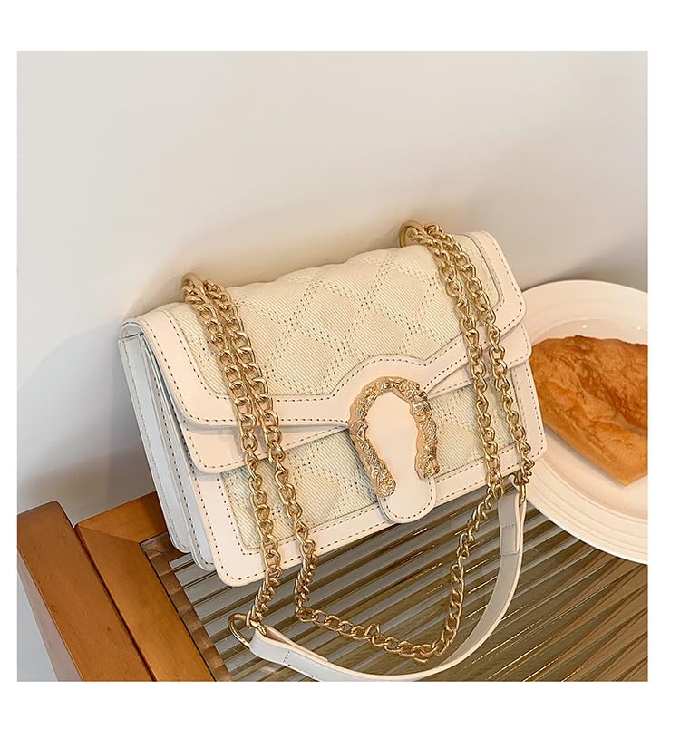 DEEPMEOW Womens Quilted Crossbody Shoulder Purse - Fashion Denim Handbag with Chain Strap Casual Mini Square Messenger Bag(White)