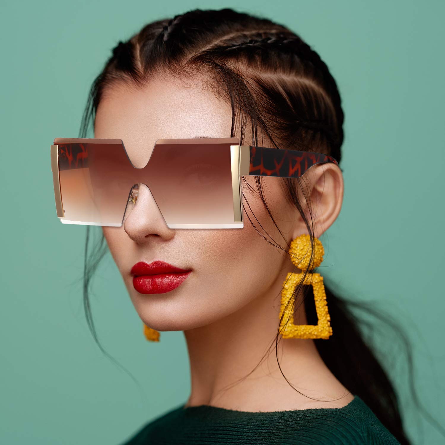 Frienda 3 Pieces Oversized Square Sunglasses for Women Trendy Fashion Rimless Frame Glasses Transparent Eyewear (Silver, Brown, Gray and Pink)