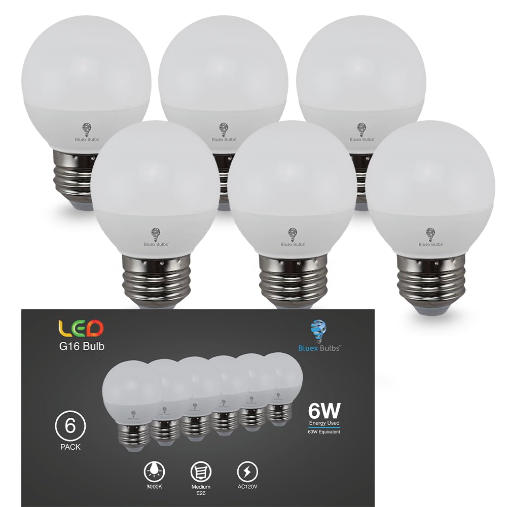 Bluex Bulbs 6 Pack G16 LED Light Bulbs - 6W 550 Lumens 3000K Warm White E26 Base 120V - Mini LED Light Bulbs Suitable for Chandelier, Signs, Floor Lamps, Nightlights & Kitchens Type G Short Light Bulb