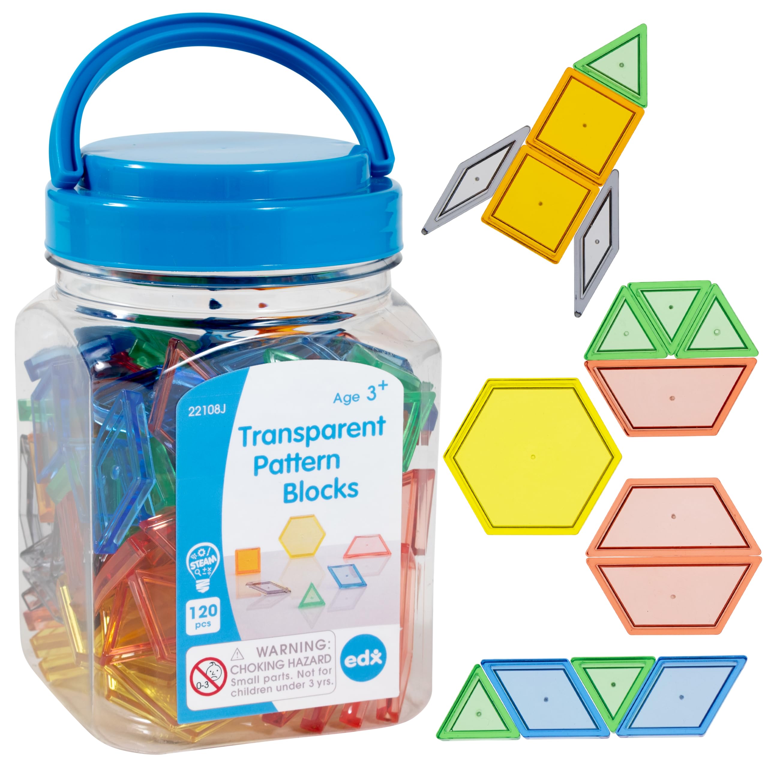 edxeducation Transparent Pattern Blocks - Mini Jar Set of 120 - Plastic Pattern Blocks - Practice Sorting, Patterns, Measurement and Fractions - Sensory Play - Math Manipulative for Kids