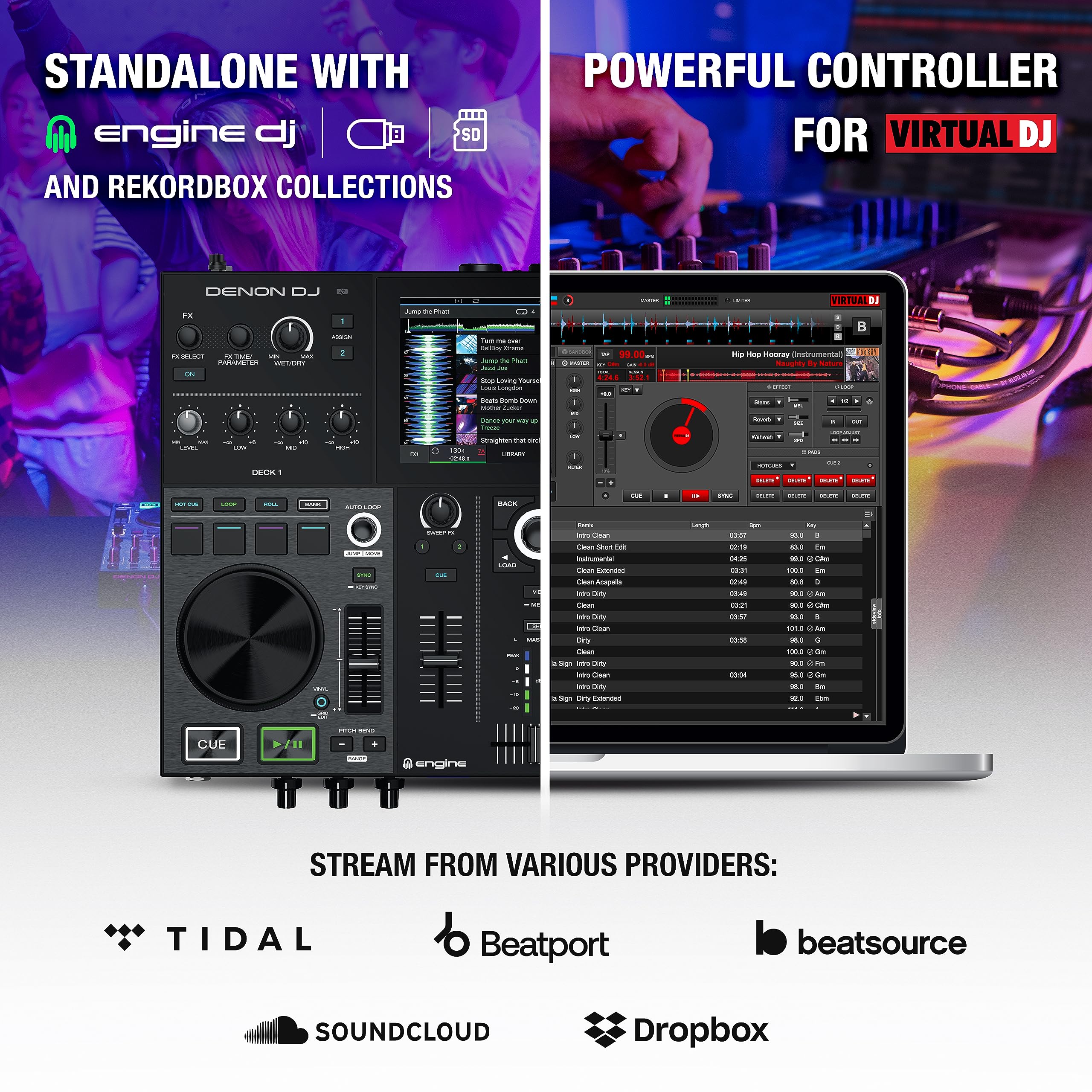 Denon DJ PRIME GO – Portable DJ Controller and Mixer with 2 Decks, WIFI Streaming, 7-Inch HD Touchscreen, DJ Set with Lights Control and Rechargeable Battery
