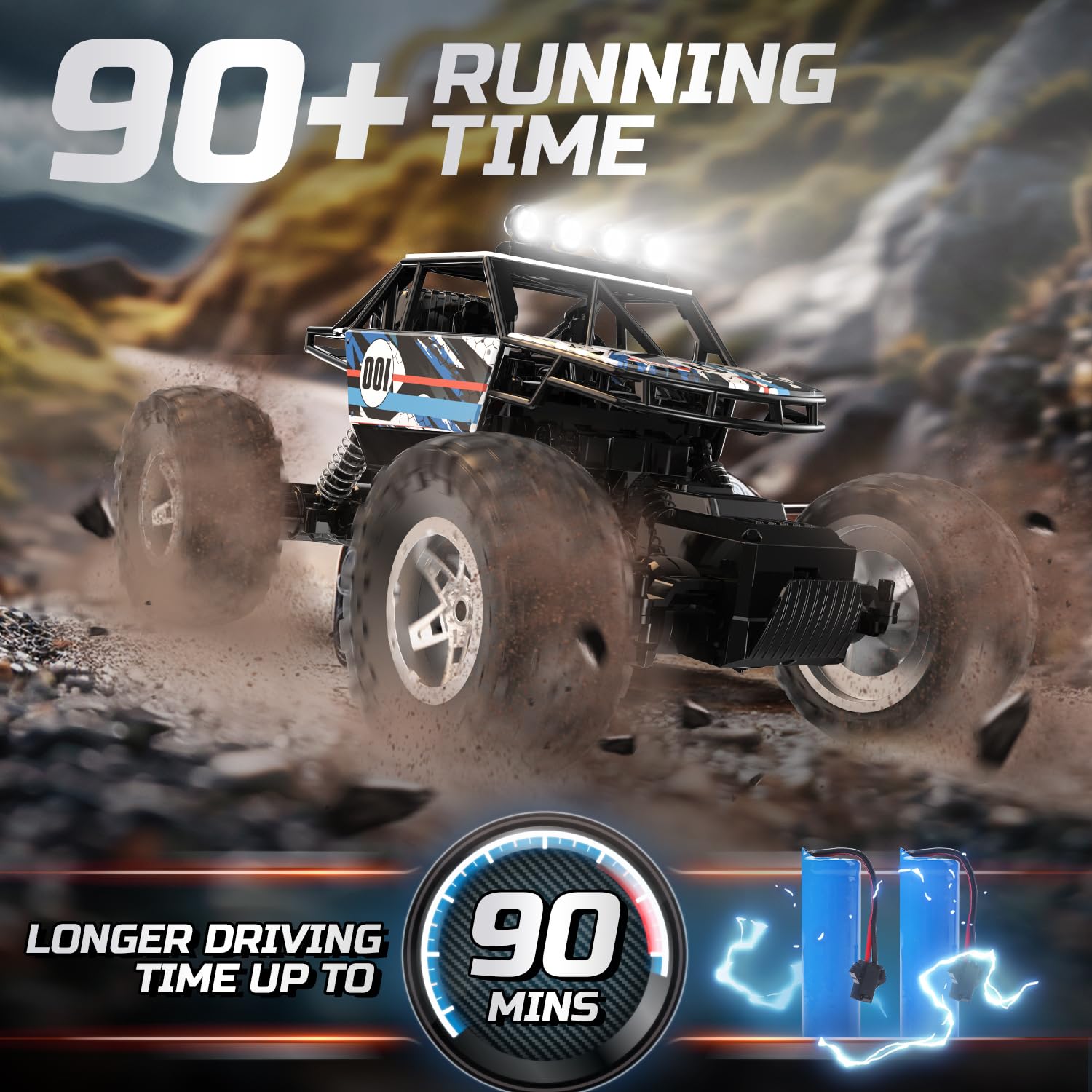 DEERC DE45 1:14 Remote Control Truck, RC Car Toy Rock Crawler, 4WD Off Road Monster Truck with Metal Shell Dual Motors LED Headlight 90 Min Play