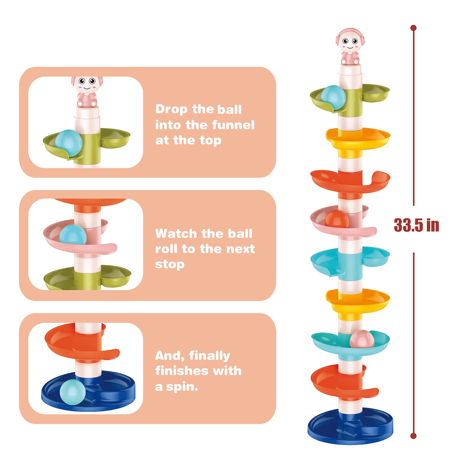 FUN LITTLE TOYS Ball Drop Toys for Toddler 1-3, 9 Layer Roll Swirling Ball Tower with 3 Balls, Ball Run Ramp for Baby Learning Development Educational Activities Toy Birthday Gift