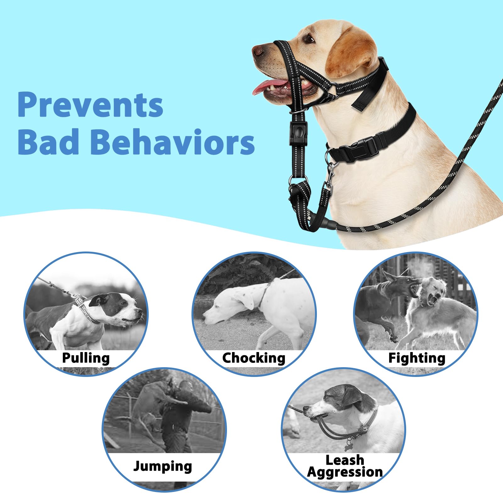 BARKLESS Soft Dog Head Collar, Padded No Pull Head Halter, Dog Training Nose Leash with Safety Link for Medium Large Dogs, Adjustable Muzzle Leash, Easy Control for Dog Walks(Black, M)