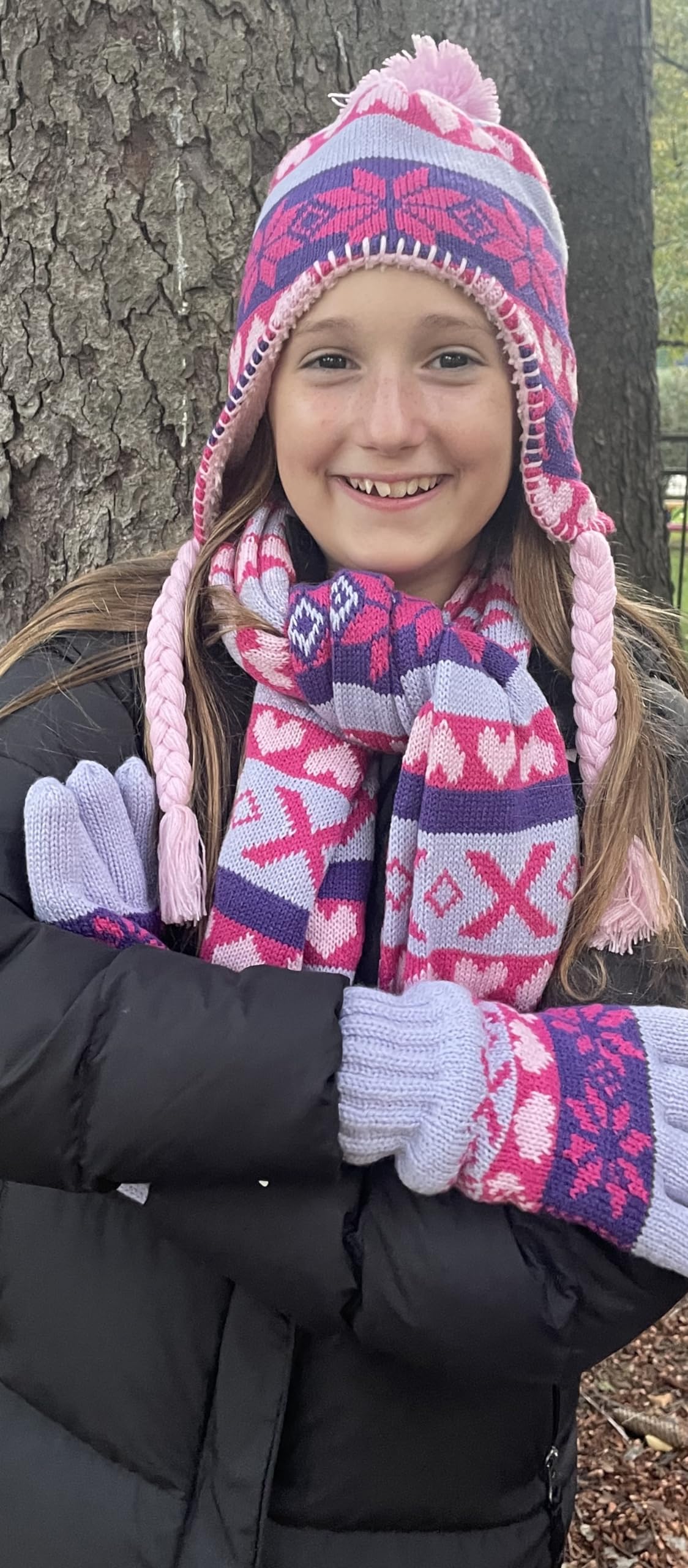 N'Ice Caps Kids Hat Glove Scarf Girls Winter Knit Accessory Set Warm Sherpa Lined 3 Piece (Black Kitten, 4-7 Years)