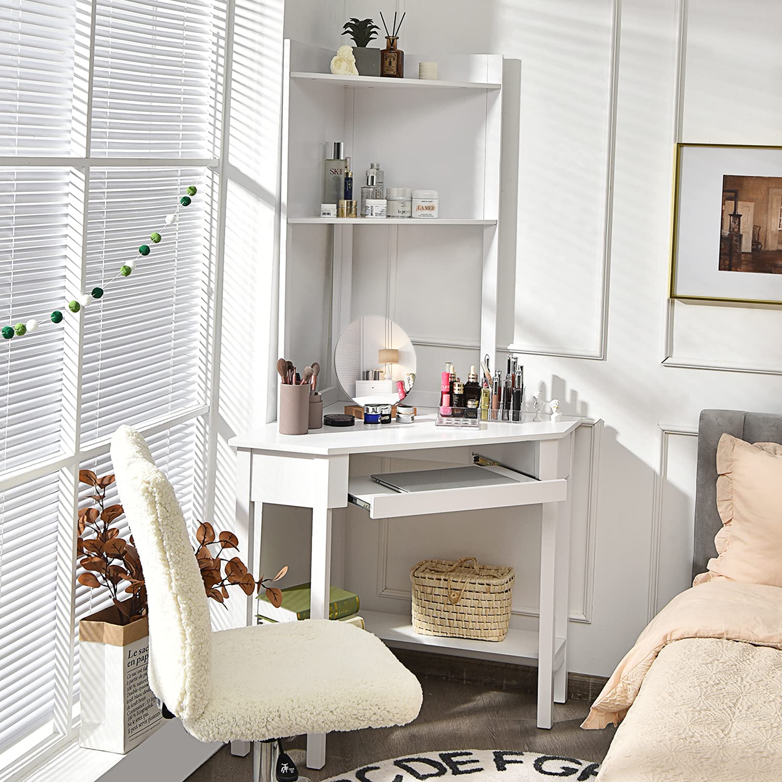 Tangkula White Corner Desk with Hutch, 90 Degrees Triangle Computer Desk with Keyboard Tray & Bookshelves for Small Space, Space Saving Writing Desk with Storage Shelves for Bedroom Apartment