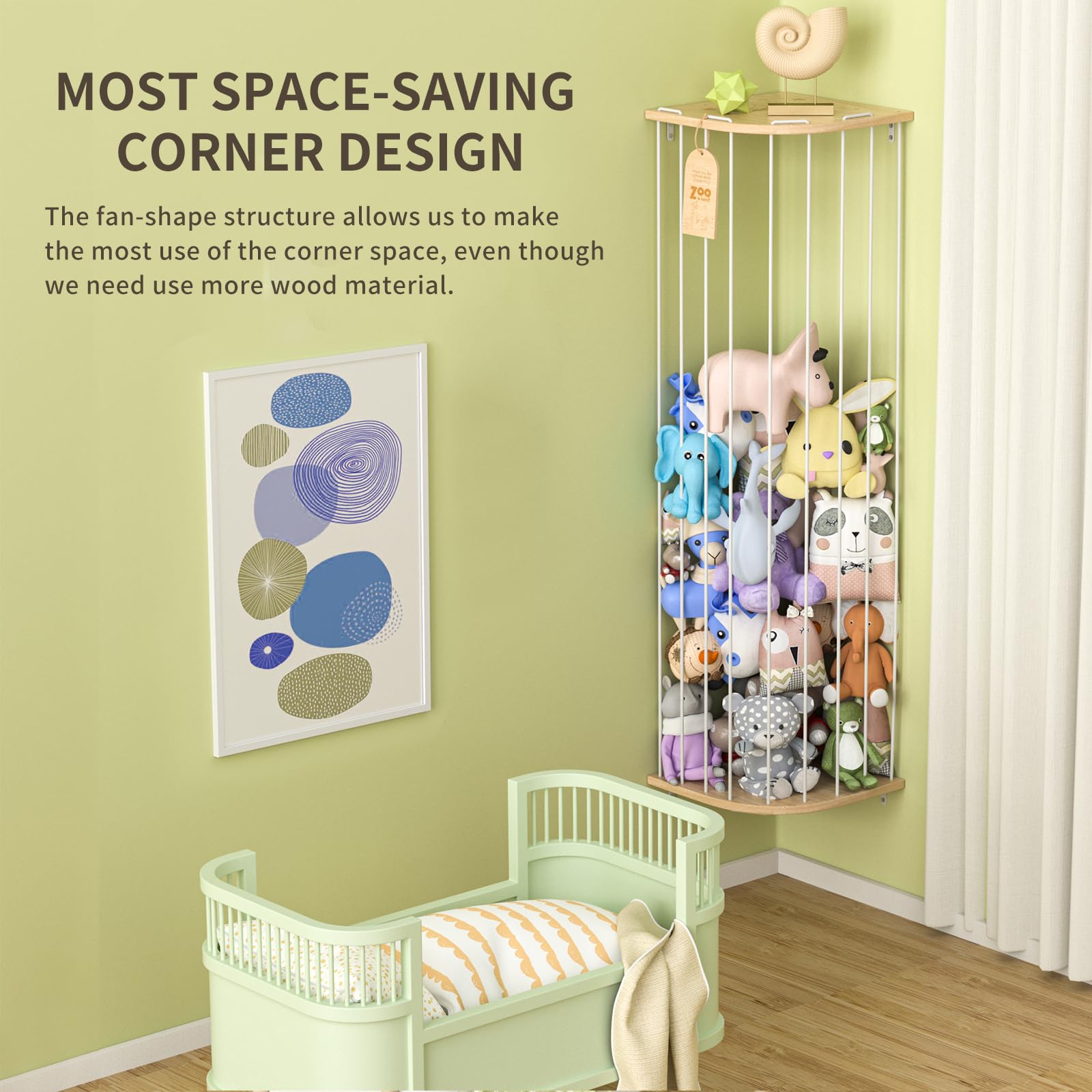Eniffbaa Stuffed Animal Storage for Plushie Toys - Large Wood Corner Hanging Pet Storage with Sky Pattern, Length Adjustable Toy Organizer Shelf for Nursery Play Room Bedroom Kid Room