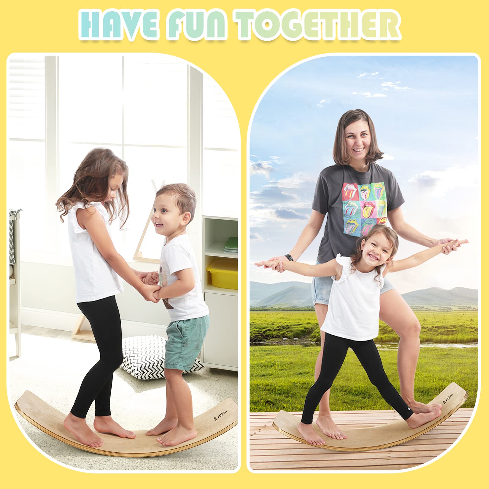Goplus Wobble Board, 35Inch Wooden Balance Board for Kids & Adults Support 660LBS, Toddler Open-Ended Learning Toy Yoga Curvy Rocker Board for Balance Training, Home Exercise (15.5 INCH Width)