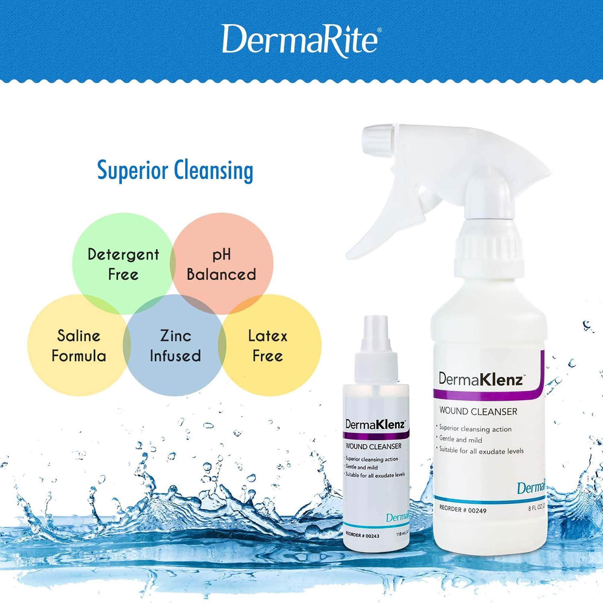 DermaRite's DermaKlenz Wound Cleanser - Rinse-Free Gentle and Mild Cleansing, Helps Clear Wound Debris - Spray Bottle, 8 oz., 1 Count