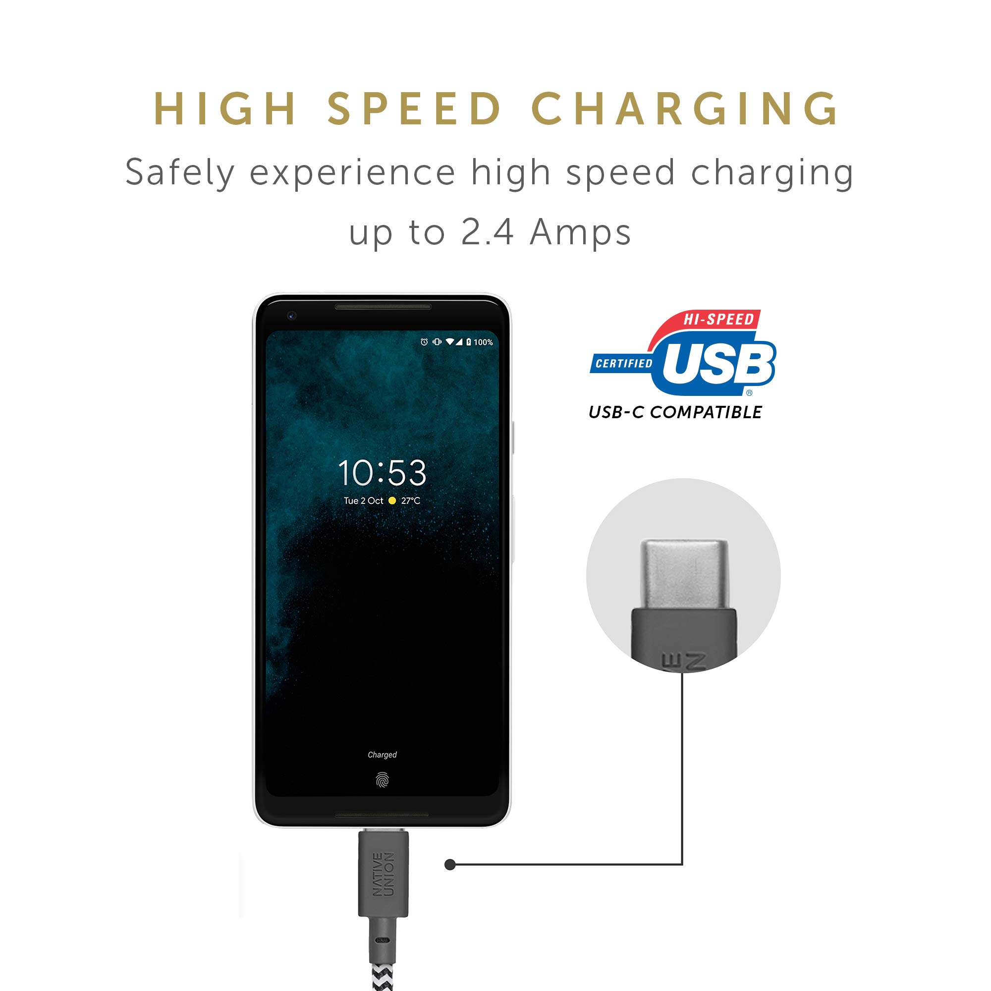Native Union Belt Cable USB-C to USB-A - 4ft Ultra-Strong Charging Cable with Leather Strap Compatible with iPhone 16, Samsung Galaxy Z Fold 6, Flip 6 / S25 Ultra, Pixel 9 Pro, iPad Pro (Zebra)