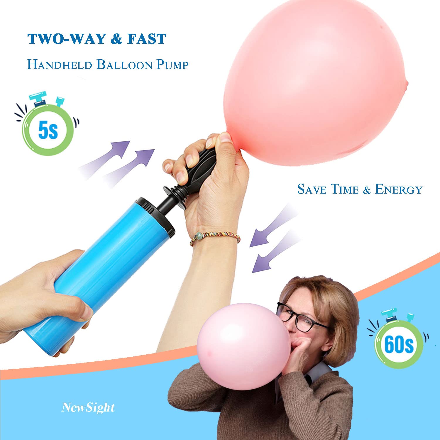 Blue & Red Manual Balloon Pump 2 Pack, Two-Way Handheld Air Pump for Kids’ Party Balloons Supplies, Balloon Inflator by Hand, Manual Pump for Children's Balloons (Blue & Red - 2Pack Macaron)