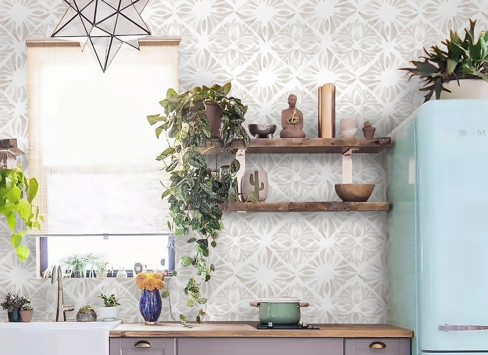 Fiula Geometric Peel and Stick Wallpaper Boho wallpaper78.7 "x16.1" White and Gray Wallpaper White Contact Paper Removable Wallpaper for Bedroom Waterproof Removable Shelf Liner Decal Vinyl Roll