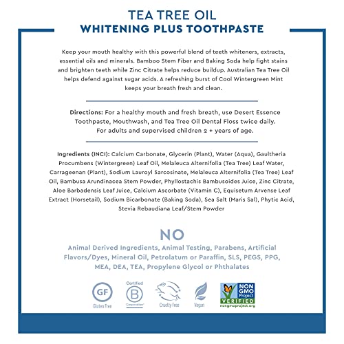 Desert Essence Natural Tea Tree Oil Whitening Plus Toothpaste - Cool Mint - 6.25 Oz - Antiseptic Tea Tree Oil - Zinc Citrate - Baking Soda - Freshens Breath - Reduced Plaque - Fluoride & Gluten Free