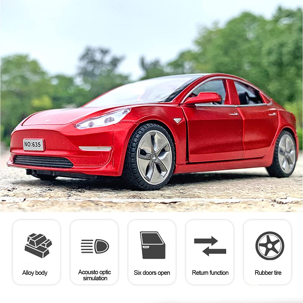 Car Model 3 1:32 Scale Alloy diecast Pull Back Electronic Toys with Lights and Sound, Mini Vehicles Toys for Kids Gift Tesla Car Lovers (Red)