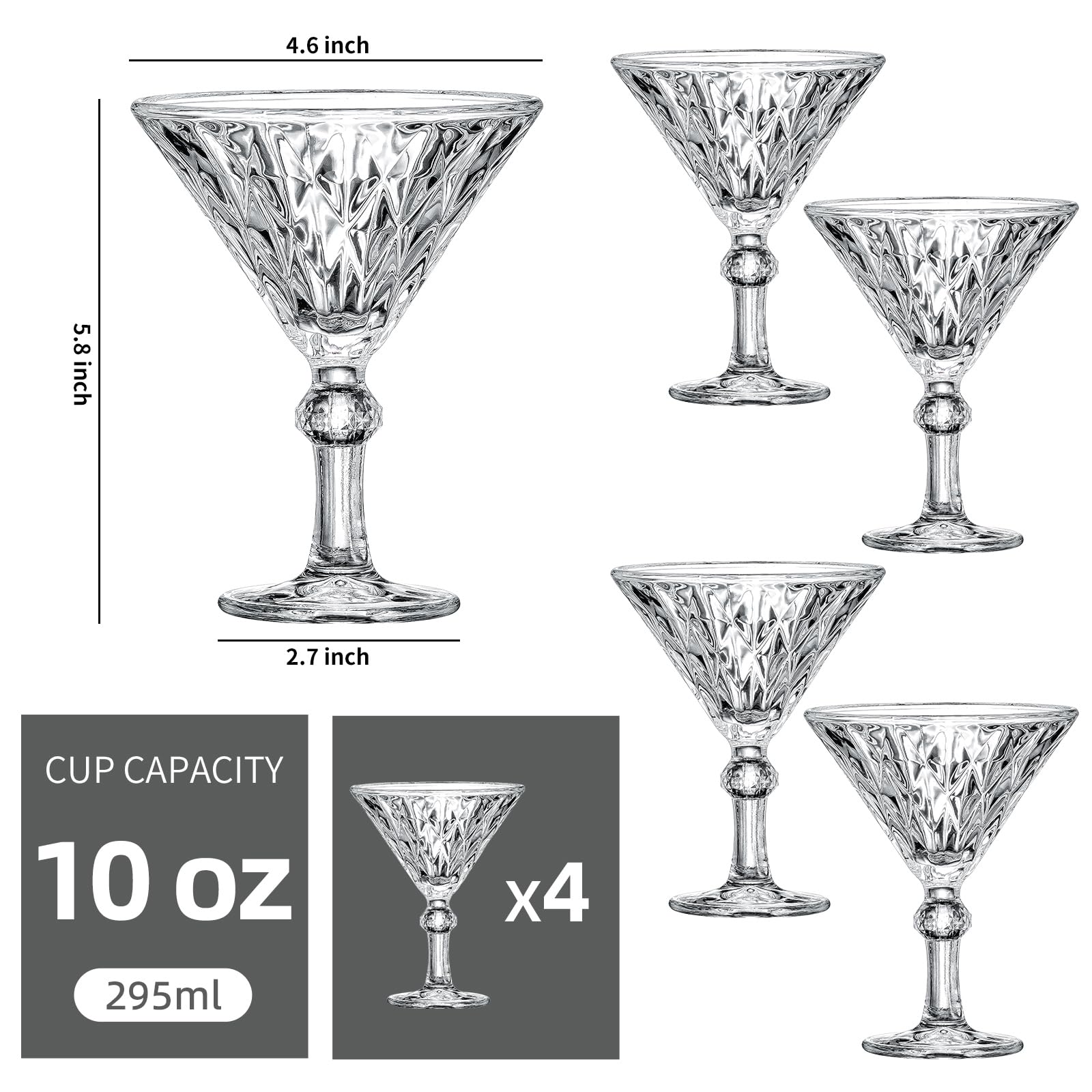 PTSTING Martini Glasses, 4pcs 10oz Cocktail Glasses Set, Art Deco Design Glass, for Martini, Cocktail, Margarita, Cosmopolitan, Manhattan, Brandy, Ideal Gift