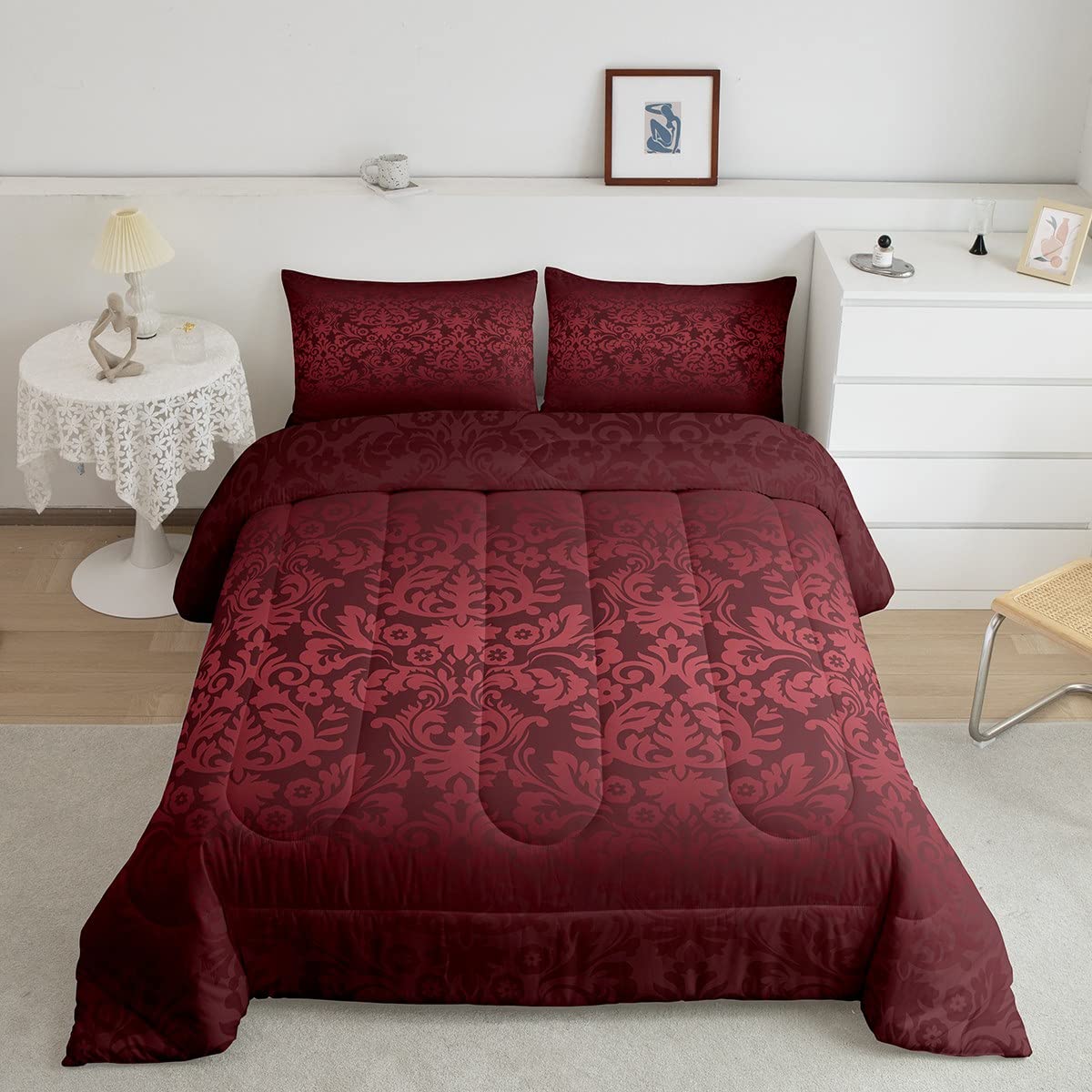 Burgundy Gothic Comforter Set Full Vintage Paisley Damask Floral Bedding Sets For Women Girls,Antique Victorian Baroque Goth Quilt Bedding Set Bohemian Exotic Down Comforter Luxury Room Decor 3 Pcs