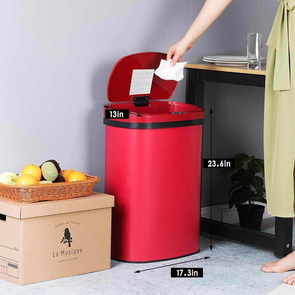 BSTOPHKL 13 Gallon Touchless Trash Can for Kitchen, Automatic Garbage Cans Stainless Steel 50 Liter Waste Bin(Red)