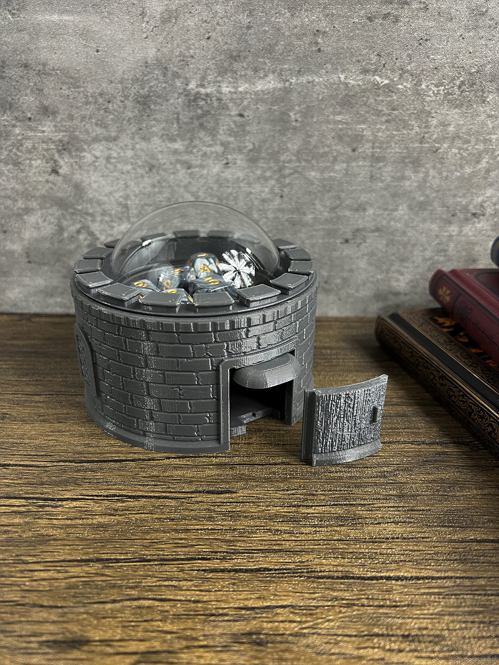 MunnyGrubbers - Castle Dice Popper V2 - Dice Jail - for TTRPG & Board Games - (Random 7PCS D20 Dice Set Included) - Dice Roller - Dice Tower - Dice Holder - Dungeons and Dragons - DND - (Gray)