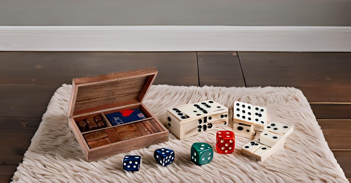 Great Gift Ideas Wooden Playing Card Box with 5 Dice & 28 Dominoes Tiles Game Set Deck Pack Case Holder Storage Accessories Organizer with Playing Cards Classic Table Game