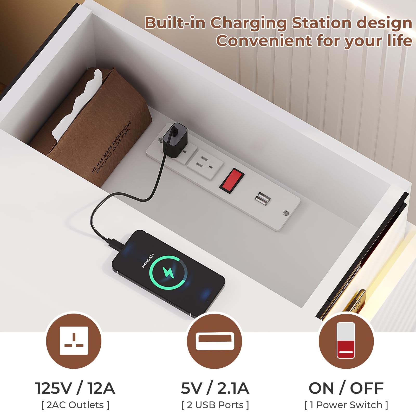 BTHFST Nightstand with Charging Station and LED Lights, Led Nightstand with Sliding Top, Bedside Table with Drawers, Modern End Table Side Table with USB Ports and Outlets (Black)