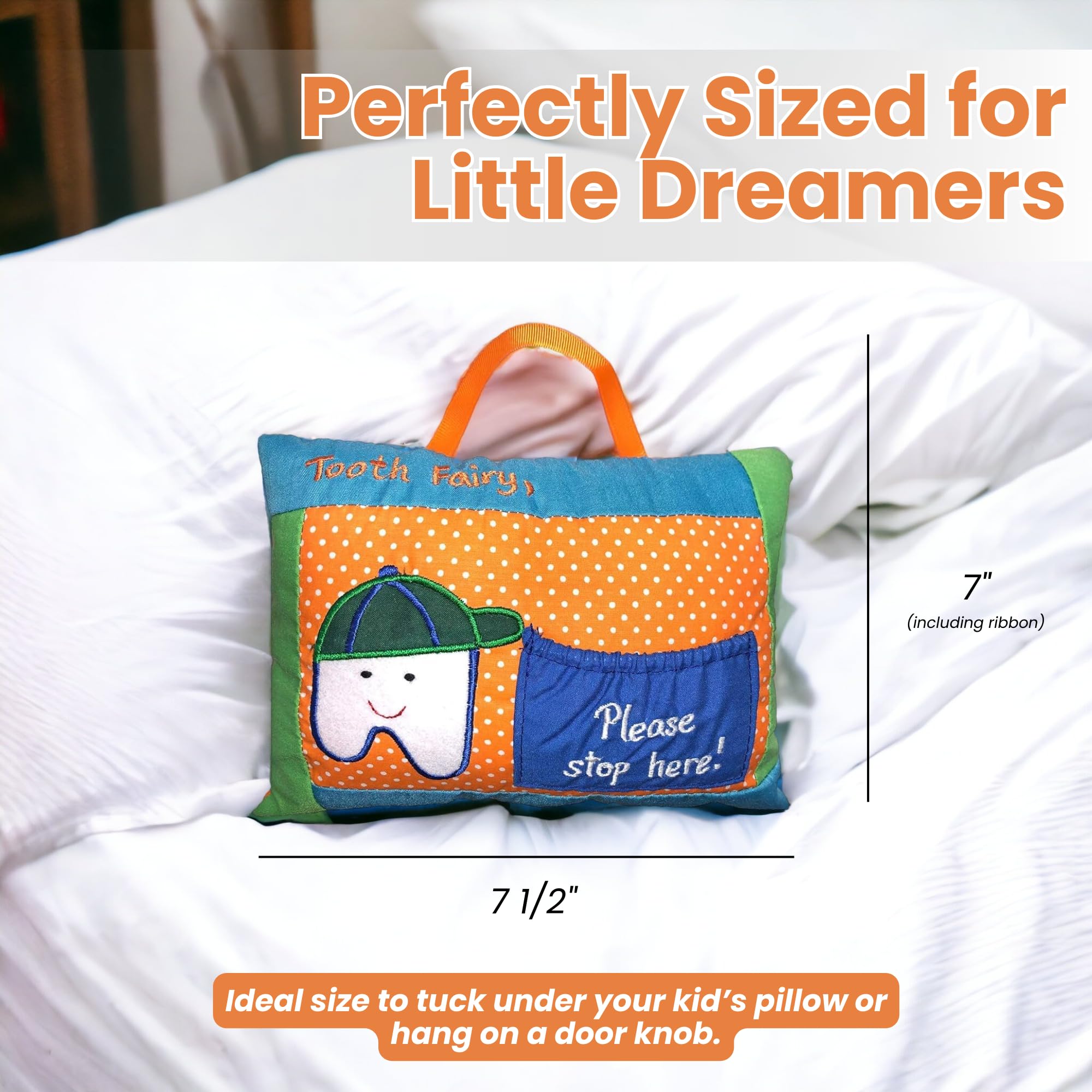 My Growing Season Blue Tooth Fairy Pillow Soft Blue Embroidered Pillow with Pocket for Boys | Felt Fabric Cloth Keepsake Tooth Holder