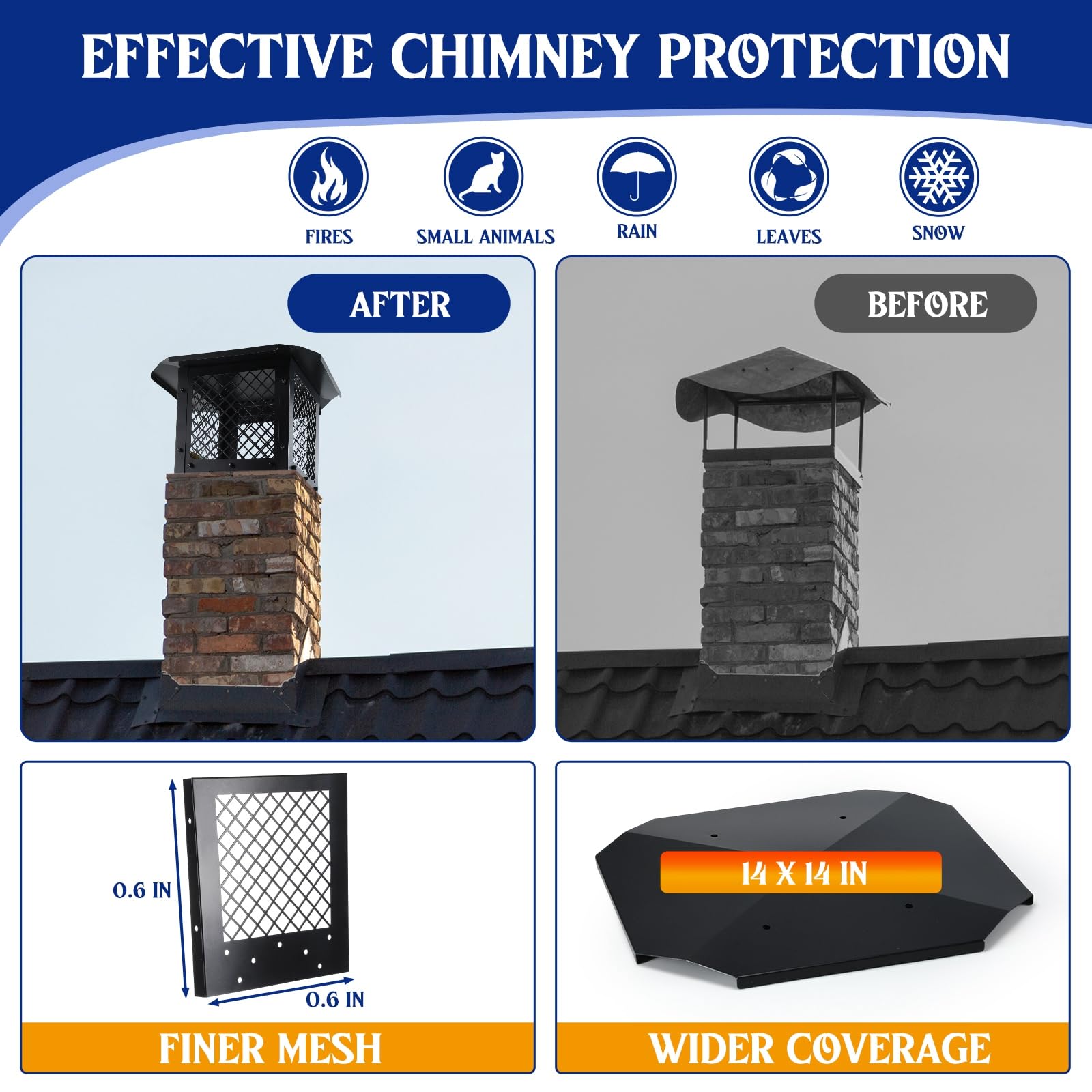 Blulu 9" x 9" Chimney Cap Galvanized Steel Chimney Cover Chimney Rain Cap Fireplace Chimney Cap for Outside Adjustable Bottom to Fit Existing Clay Flue Tile Sizes, Black