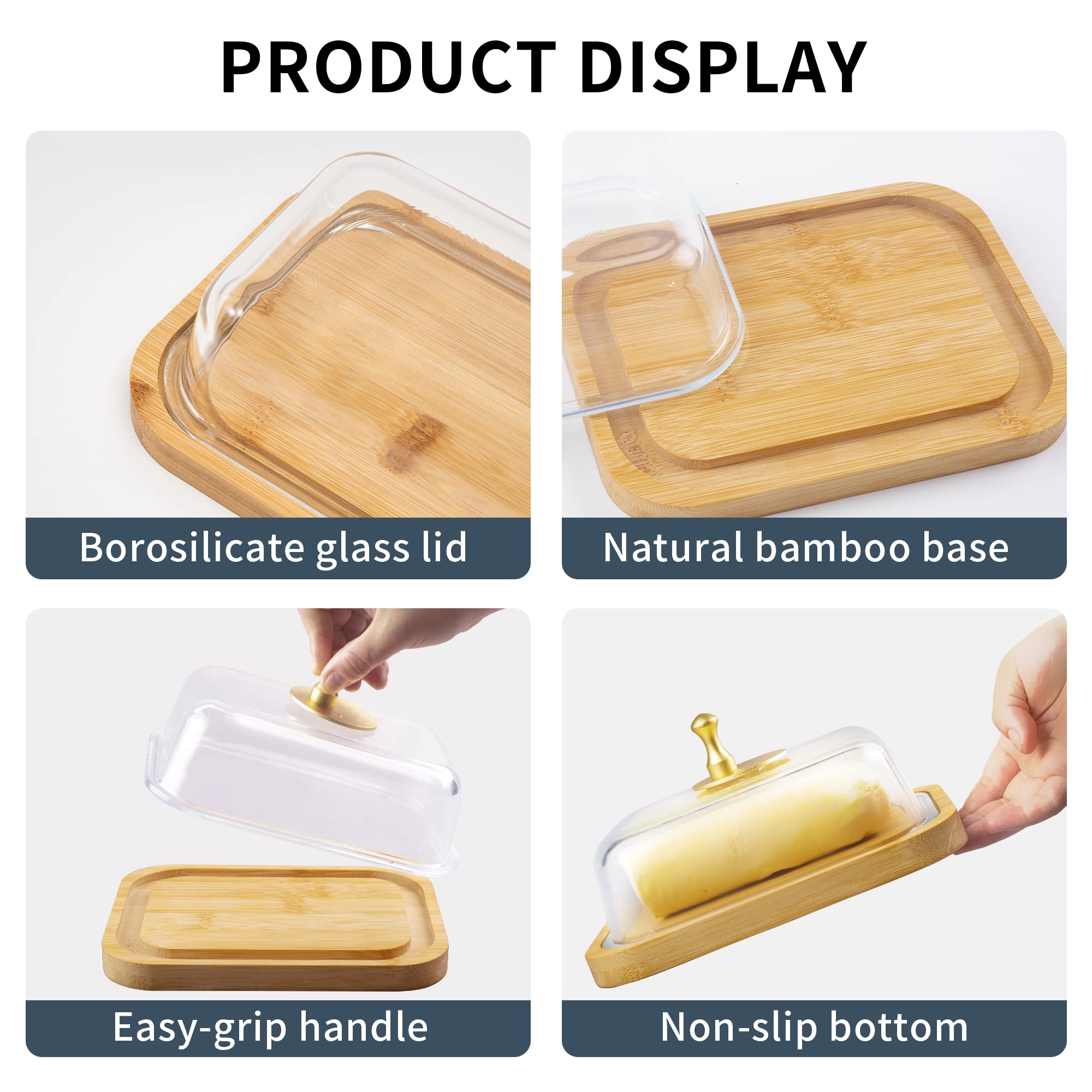 BTWD Glass Butter Dish with Lid for Countertop and Refrigerator, Extra Large Butter Keeper Container Storage with Handle for Fridge, Butter Holder for Counter, Butter Tray Clear Covered Butter Dishes