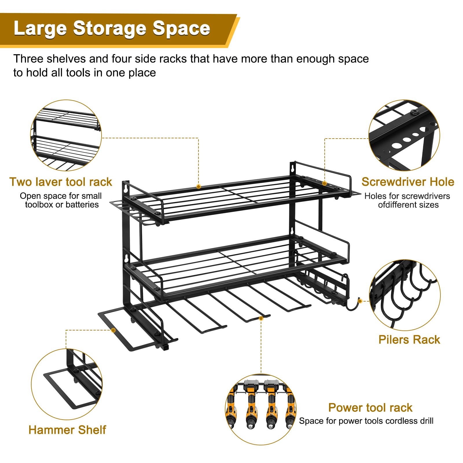 BNNMKL Power Tool Organizer Wall Mount, 3 Layers Cordless Drill Storage Rack, Super Large Storage Rack for Power Tool Drill, Screwdriver and Drill Holder Battery Rack or 4 Drill Holders