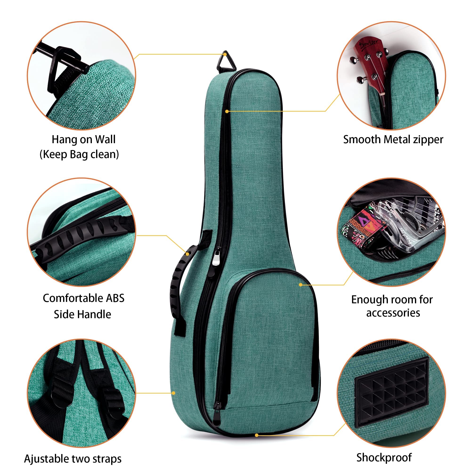 Deviser 21 Inch Ukulele Case 0.5 Inch Padded Sponge wrinkleproof linen fabric ukelele case Soprano ukulele gig bag with 3 Felt picks Sea Blue