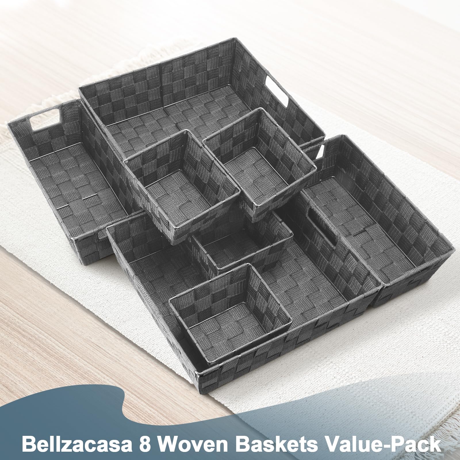 Bellzacasa Woven Storage Baskets, Storage Baskets for Organizing (Set of 8), Cube Baskets Bin Container Baskets Storage Boxes Organizers with Handles for Bedroom, Office, Closet, Nursery, Black