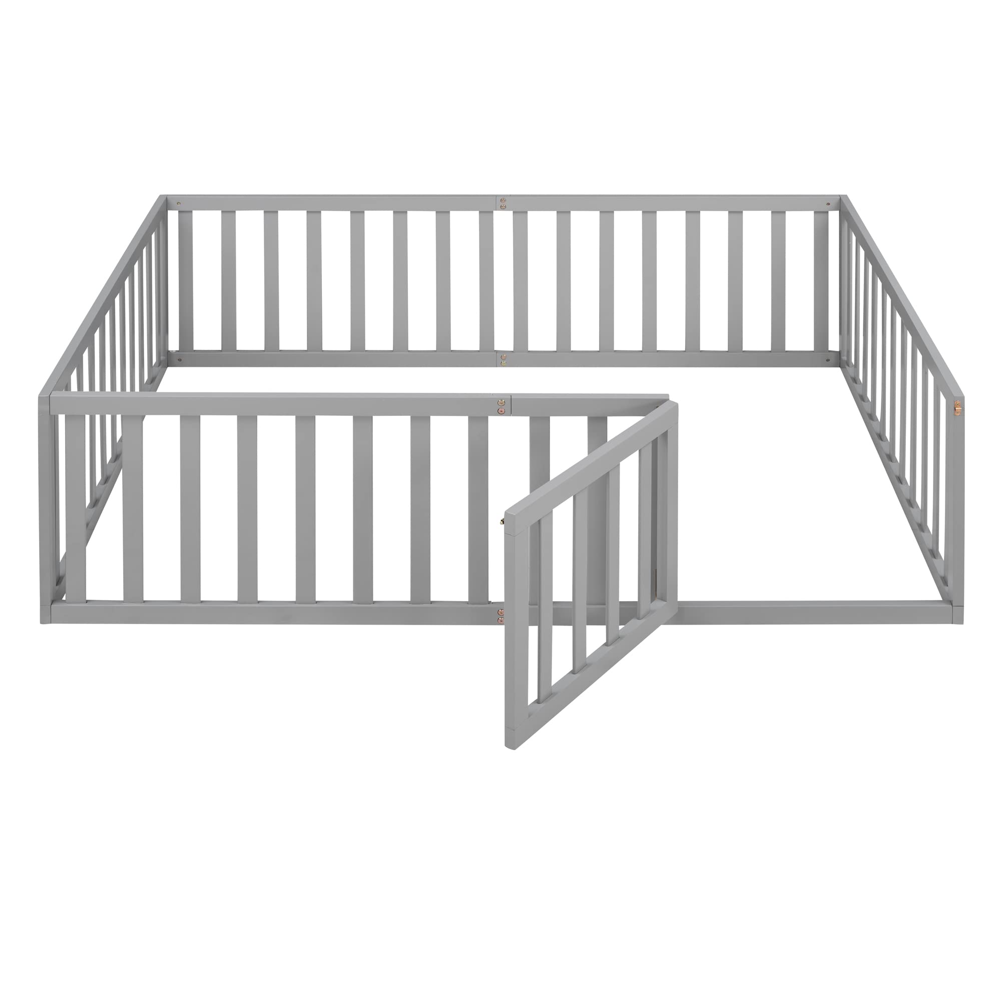 BestLM Full Size Montessori Wood Floor Bed Frame with Rails and Lockable Door for Kids, Gray