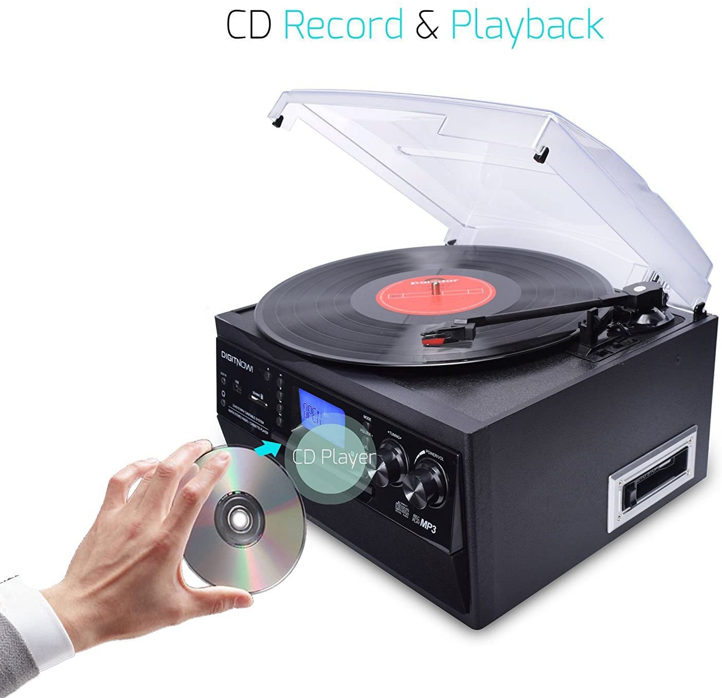 DIGITNOW Bluetooth Record Player Turntable with Stereo Speaker, LP Vinyl to MP3 Converter with CD, Cassette, Radio, Aux in and USB / SD Encoding, Remote Control, Audio Music Player Built in Amplifier