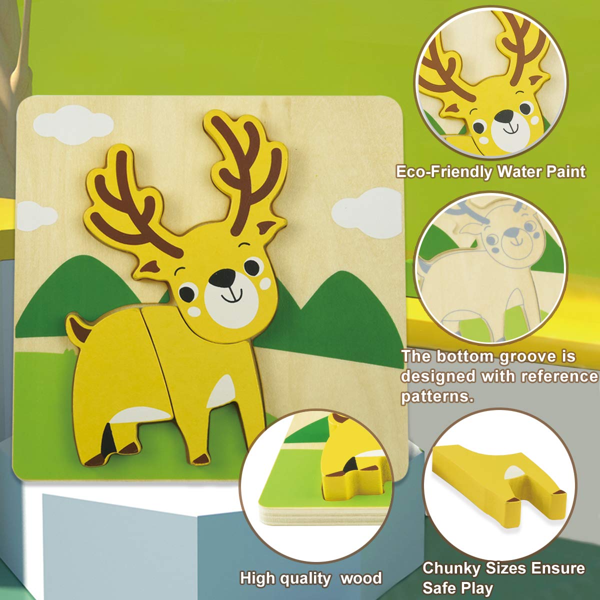 GYBBER&MUMU Wooden Thickened Animal Puzzle Toy Set Panda Deer Owl Duck Fox Puzzle Toy Hand-Eye Coordination Intellectual Toy Set for Preschool (Deer)