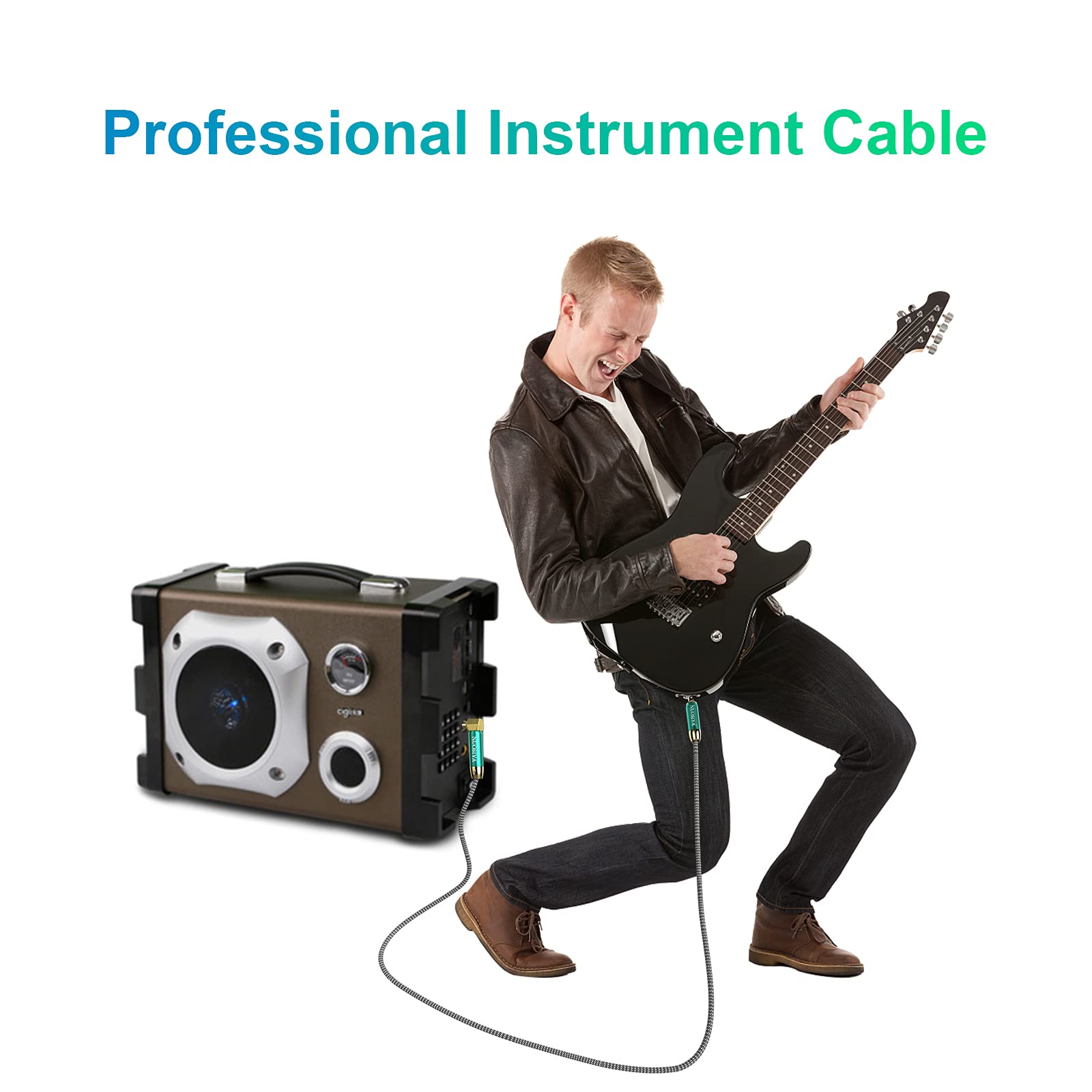 NUOSIYA Guitar Cable 10ft, 22 AWG Professional Instrument Cable, Straight 1/4" TS to Right Angle 1/4 Inch TS for Electric Guitar, Bass, Pro Audio (Grey 1 Packs)