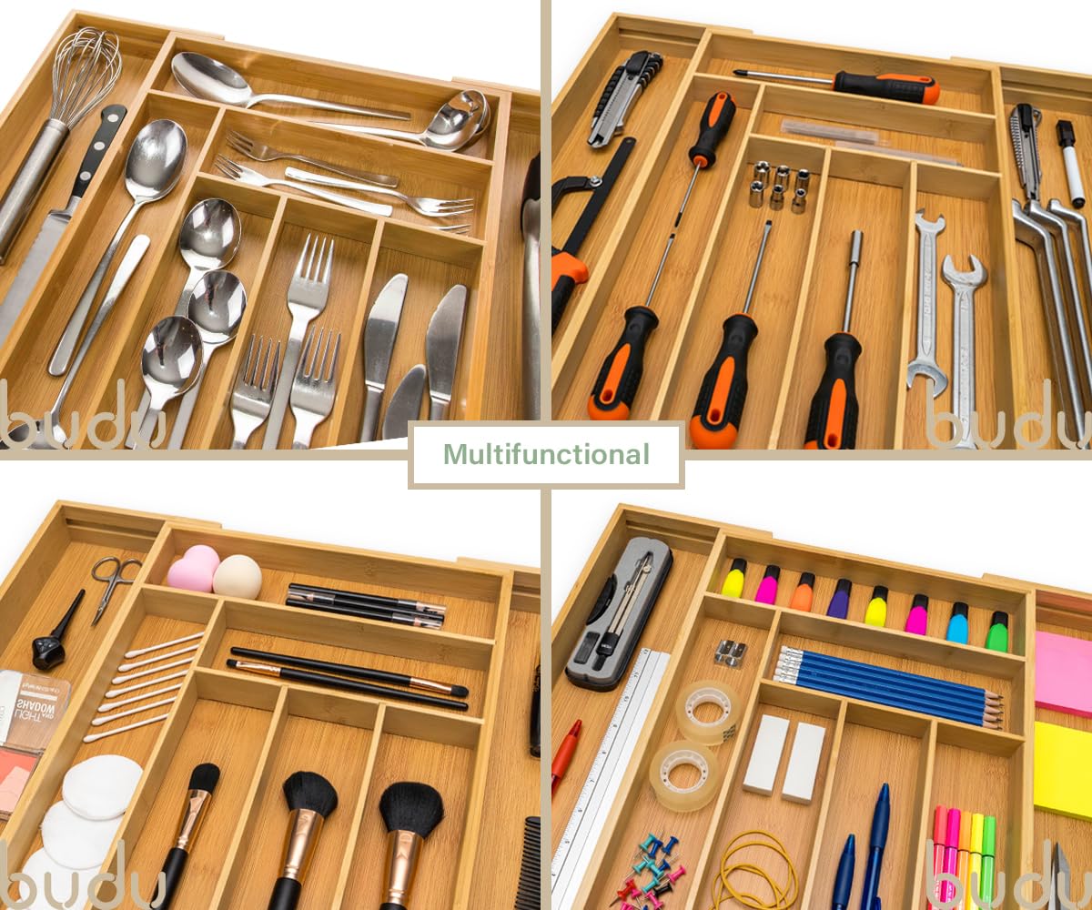 budu Silverware Drawer Organizer #19.7" Depth β Utensil Holder, Kitchen Drawer Organizers for Flatware, Cutlery β Perfect Utensil Organizer for Silverware & Other Kitchen Organization Tools & Storage