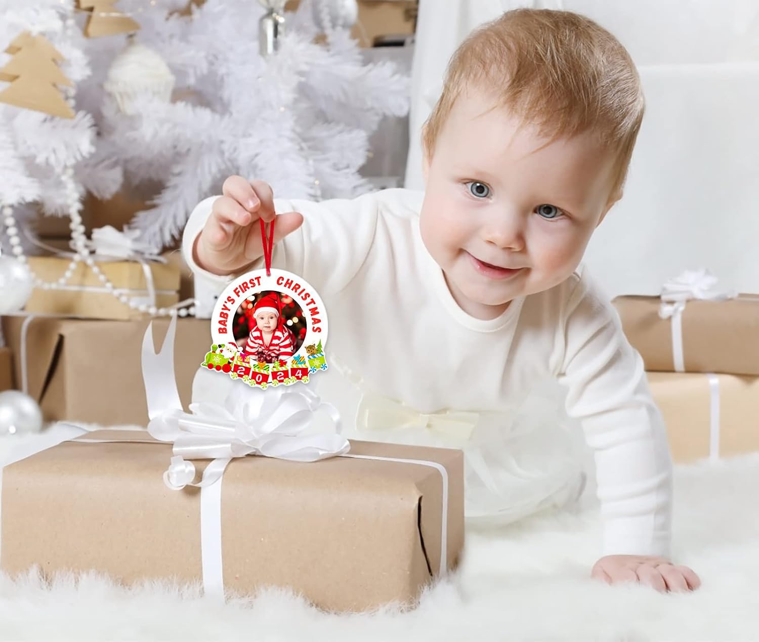 FaCraft Picture Frame Babys First Christmas Ornament 2024,1.77"x1.97" Photo Frame Baby's First Christmas Ornament 1st Train Personalized Baby Ornament Tree Decorations for Baby Boy Girl New Born