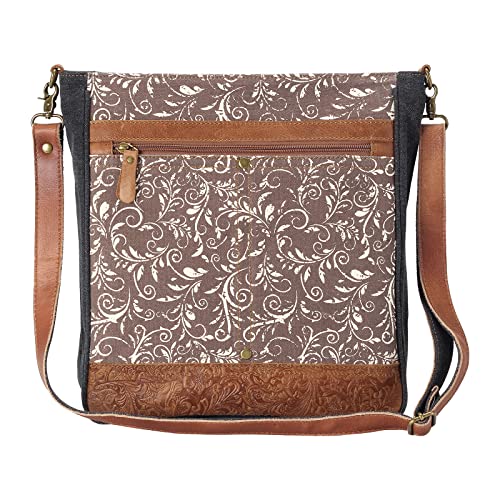 ANNGOTI Canvas & Cowhide Shoulder Bag for Women, Vintage Style with Genuine Leather, Handmade Print Crossbody Bag with Zipper Top & Adjustable Strap