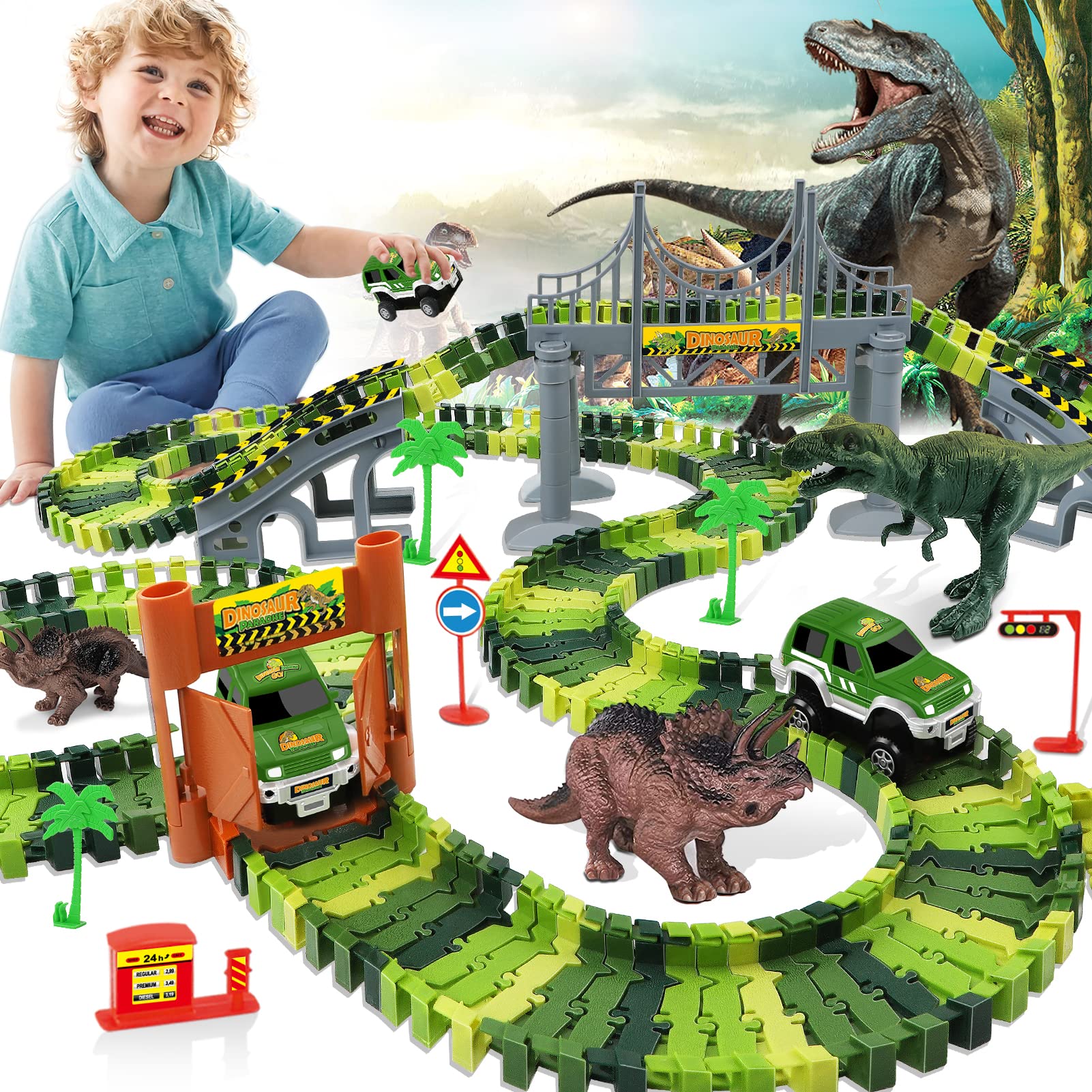 Dinosaur Toys for 3 4 5 6 7 8+ Year Old Boys Girls Kids,Dinosaur Tracks Race Car Toys for Kids Age 3-5, Create A Dinosaur World Road Race with Flexible Tracks Playset for Christmas Birthday Gifts