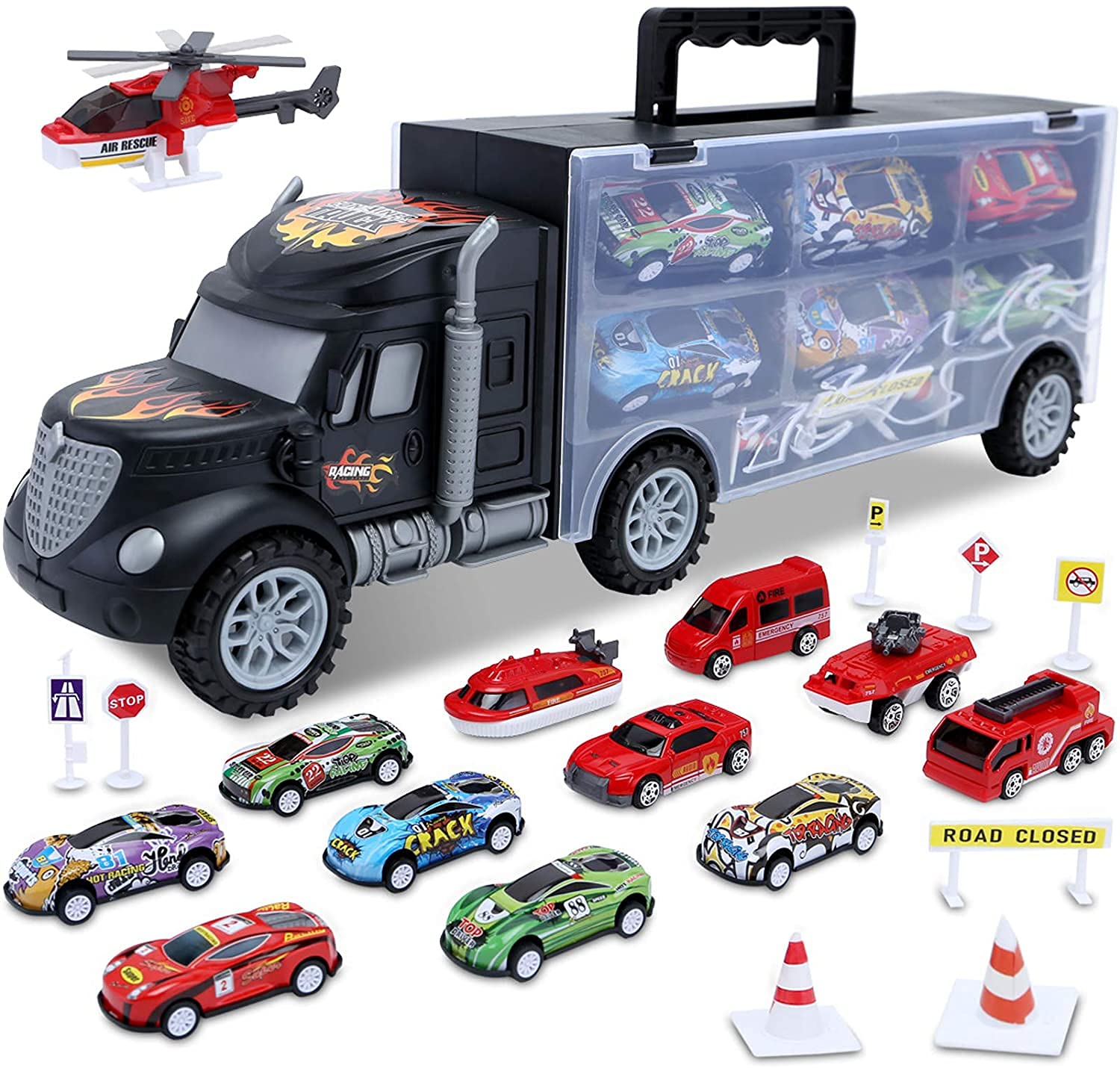 HAENPLE Toddler Toys for 3-5 Year Old Boys,Cars Truck Toys Transport Carrier Set,Valentines Day Gifts for Kids,Die-cast Vehicles Includes 12 Mini Toy Cars Easter Gifts for Kids Boy Age 3-7