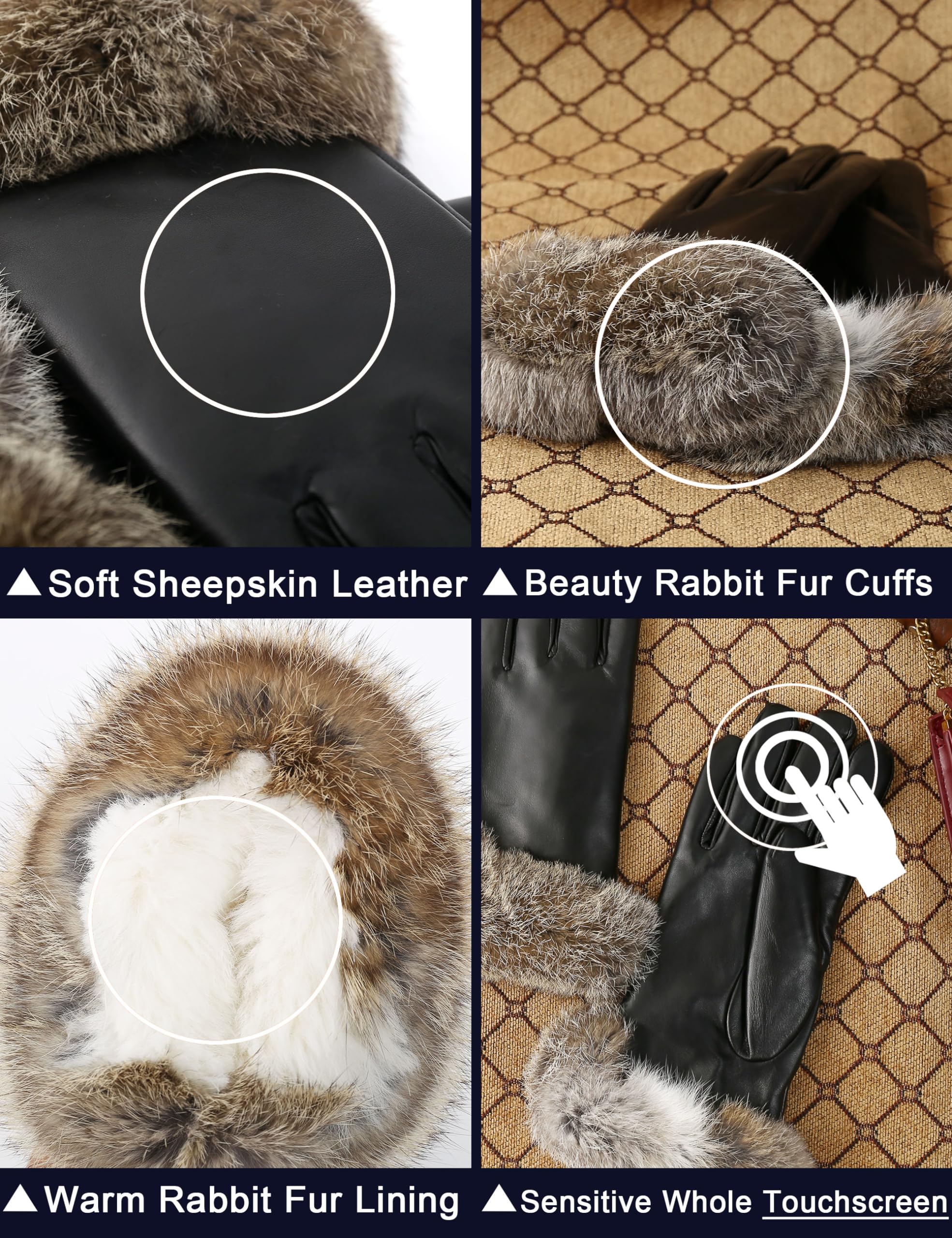OCXMME Super Warm Womens Rabbit Fur Lined and Cuff Leather Gloves for Women Touchscreen Texting Driving Gloves Black Large