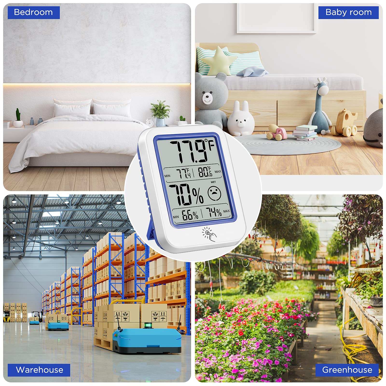 odorsin Digital Hygrometer Indoor Thermometer, Temperature Humidity Sensor with Max/Min Records & Backlight Display Thermometer Humidity Gauge Suit for Room, Greenhouse, Basement, Plant Humidity Meter