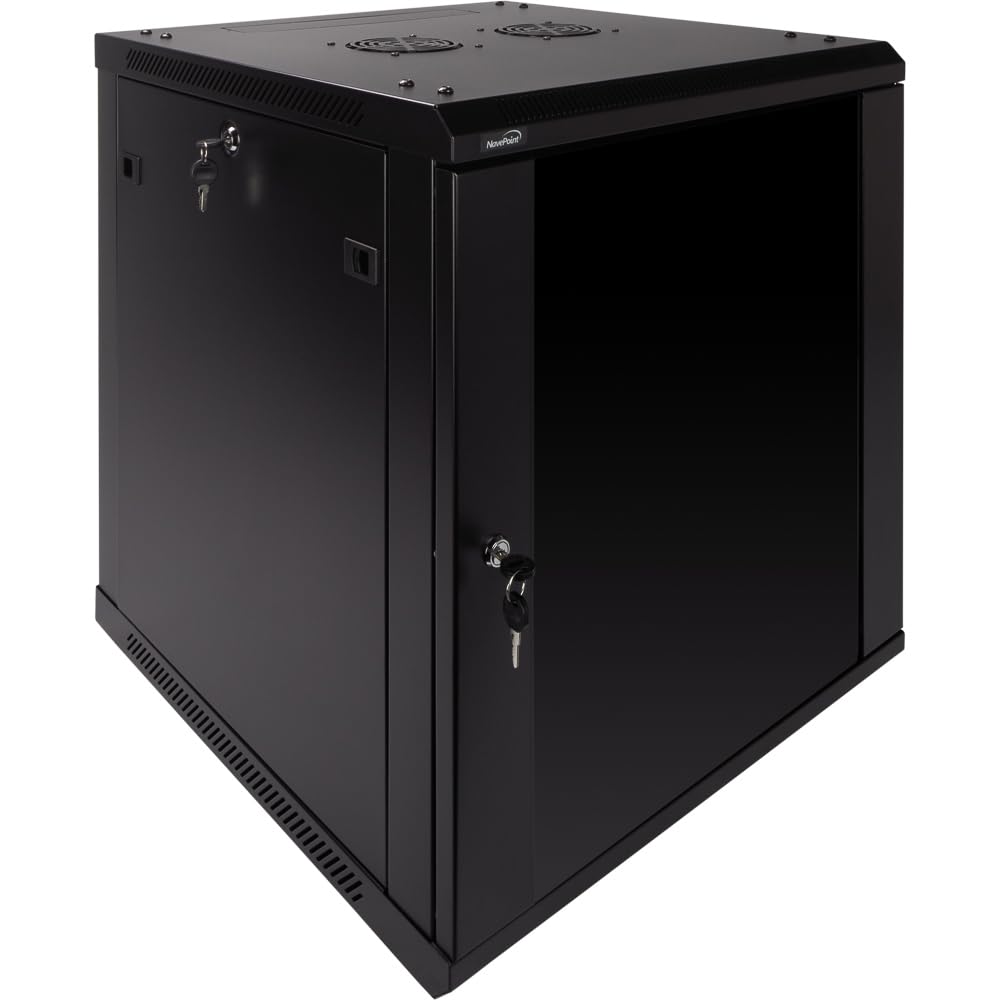 NavePoint 12U Server Rack Enclosure - 23.6β Deep, 12U Wall Mount Network Cabinet with Locking Glass Door for 19β IT Equipment, 12U Network Rack with 2 Fans, Removable Side Panels, Black