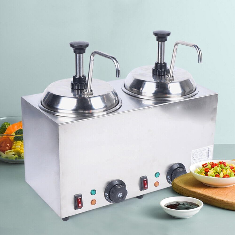 Electric Cheese Dispenser, 2l*2 Capacity Hot Fudge Warmer ,Cheese Dispenser Warmer with Pump ,Stainless Steel Hot Cheese Dispenser for melting melted butter, fudge, cheese, caramel, butter topping