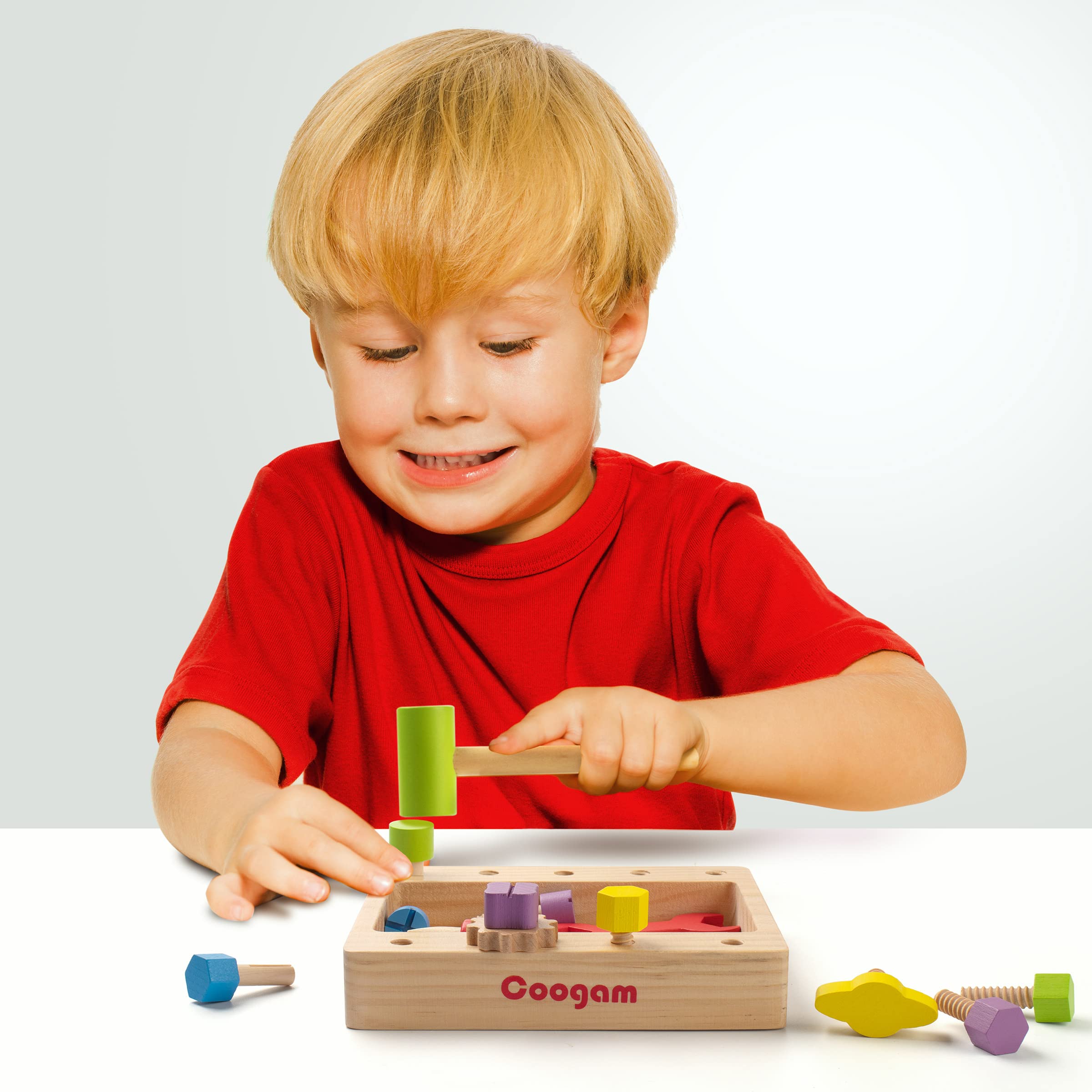 Coogam Wooden Tool Box, Toddler Fine Motor Skill Construction Building STEM Toy Set Nuts and Bolts Screw Driver Toolbox Kit Montessori Educational Gift for Preschool Year Old Kids