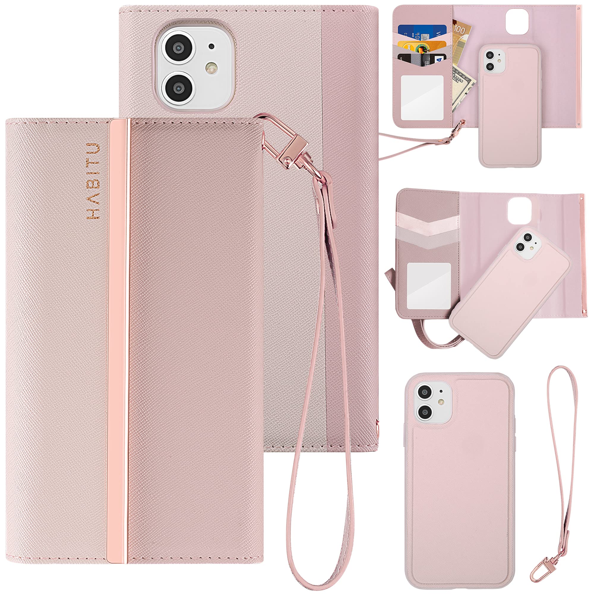 HABITU [Folio Collection 2022] Eris Tri-Fold Pink Wallet Case for iPhone 12/12 Pro, Detachable Vegan Leather Magnetic Folio with Card Pockets, Mirror & Strap for Women, Pink Eris